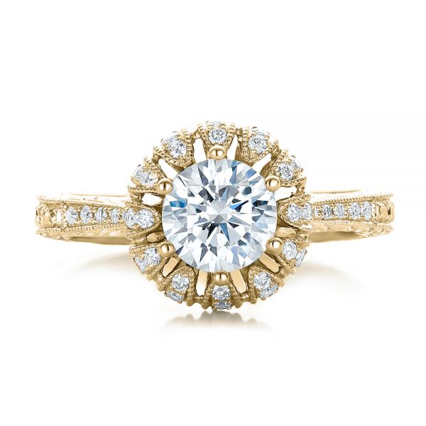 18k Yellow Gold Hand Engraved Crown Halo Diamond Engagement Ring ...